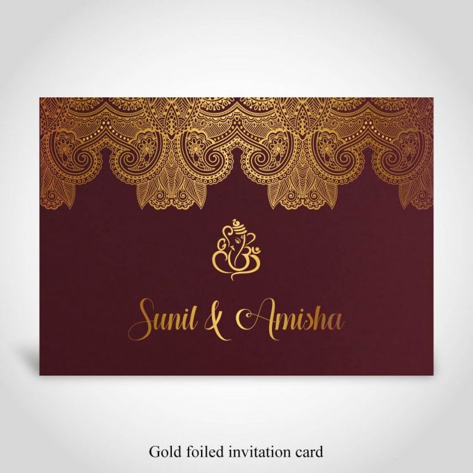 Dark Red, Gold Foiled Hindu Wedding Card | CardFusion