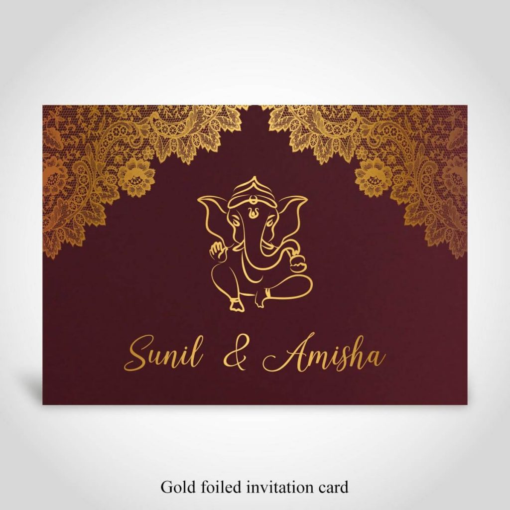 Gold foiled Red Hindu Wedding Card with Intricate Lace Crame