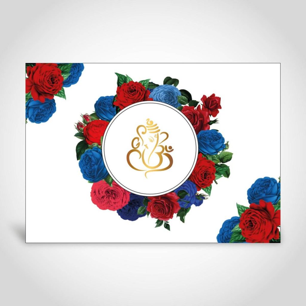 Hindu Wedding Invitation | Blue & Red Floral Wreath | Gold Foiled Ganesh